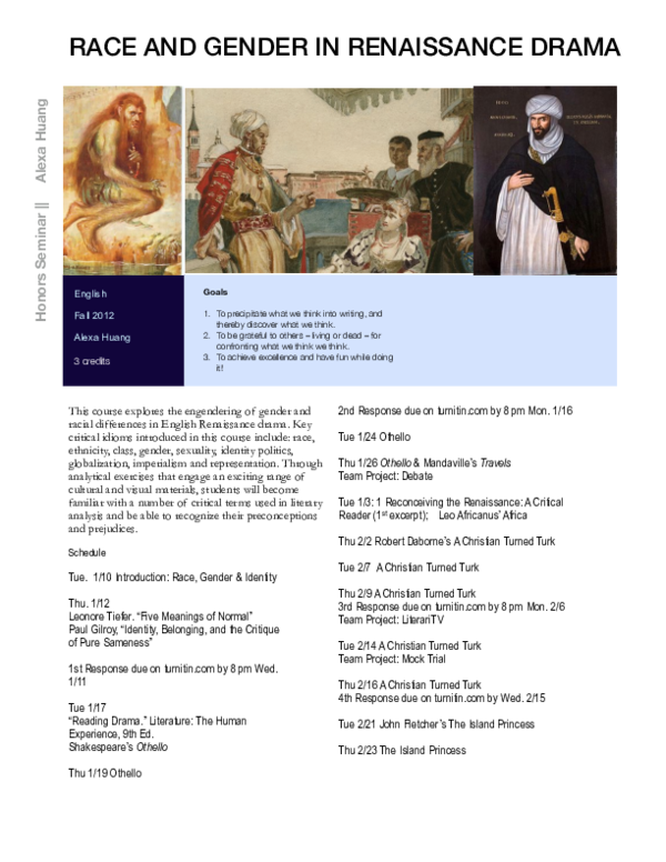 (PDF) Race and Gender in Renaissance Drama -- Honors Seminar
