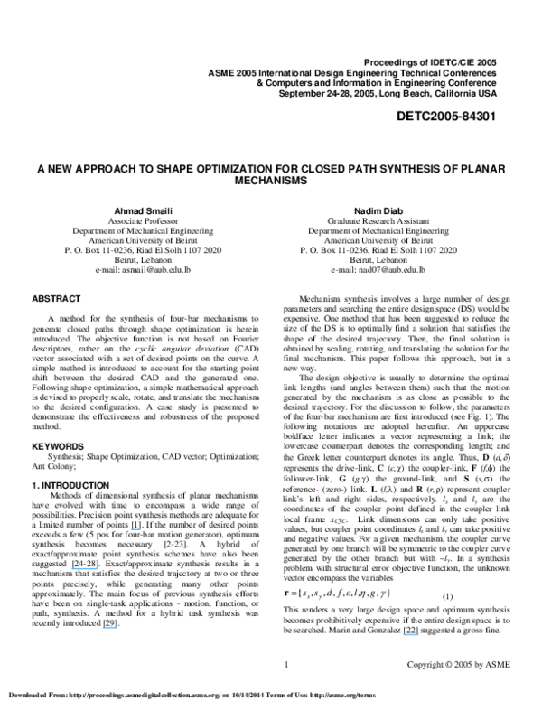 (PDF) A New Approach to Shape Optimization for Closed Path Synthesis of Planar Mechanisms