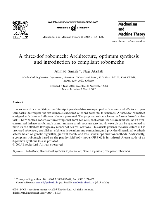 (PDF) A three-dof robomech: Architecture, optimum synthesis and introduction to compliant robomechs