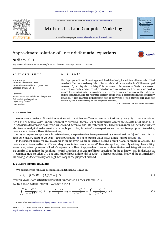 (PDF) Approximate solution of linear differential equations