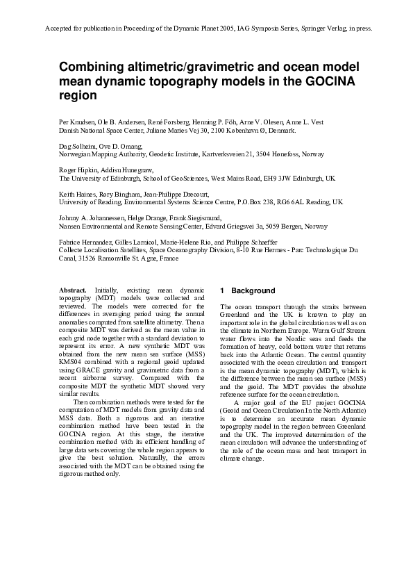 Pdf Combining Altimetric Gravimetric And Ocean Model Mean Dynamic Topography Models In The