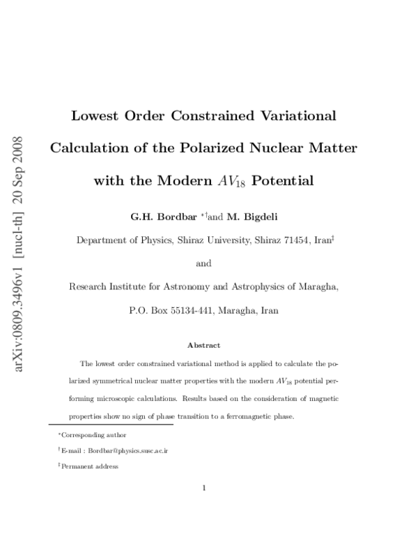 Pdf Lowest Order Constrained Variational Calculation For Asymmetrical