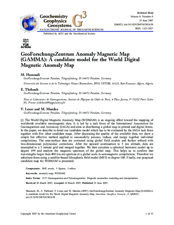 (PDF) GeoForschungsZentrum Anomaly Magnetic Map (GAMMA): A candidate ...