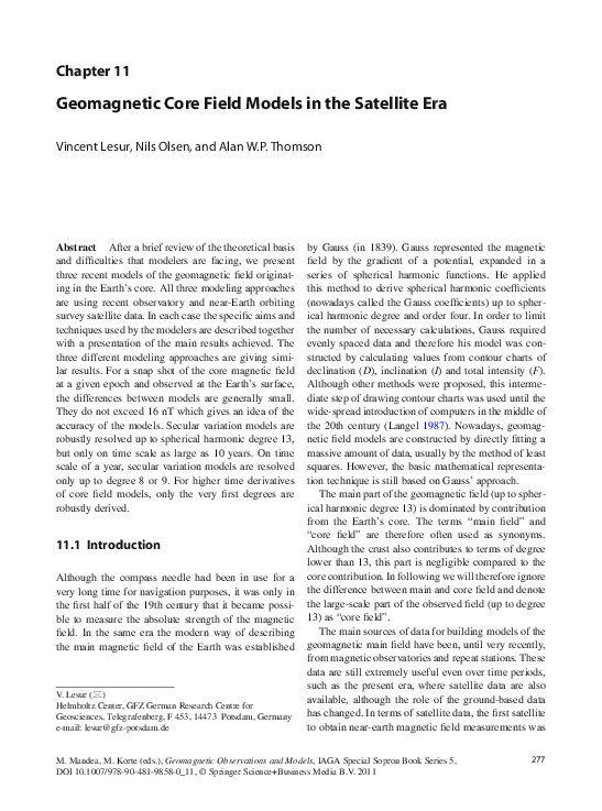 Pdf Geomagnetic Core Field Models In The Satellite Era Vincent Lesur