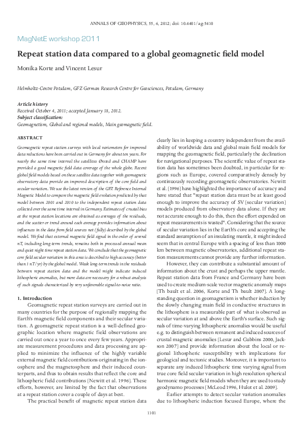 (PDF) Repeat station data compared to a global geomagnetic field model