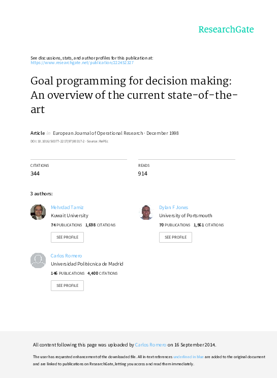 (PDF) Goal programming for decision making: An overview of the current ...