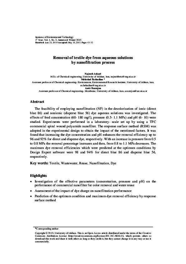 (PDF) Removal of textile dye from aqueous solutions by nanofiltration process