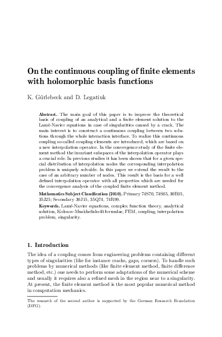Pdf On The Continuous Coupling Of Finite Elements With Holomorphic Basis Functions