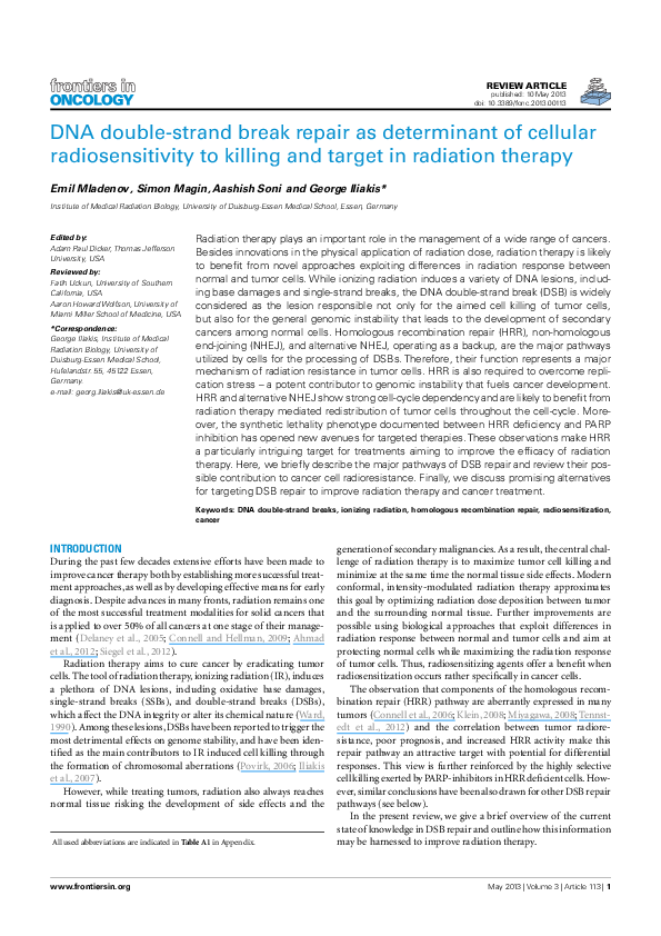 (PDF) DNA Double-Strand Break Repair as Determinant of Cellular ...