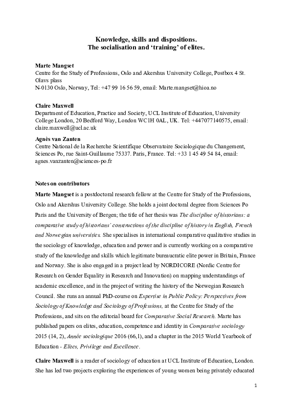 (PDF) Knowledge, skills and dispositions: the socialisation and ...