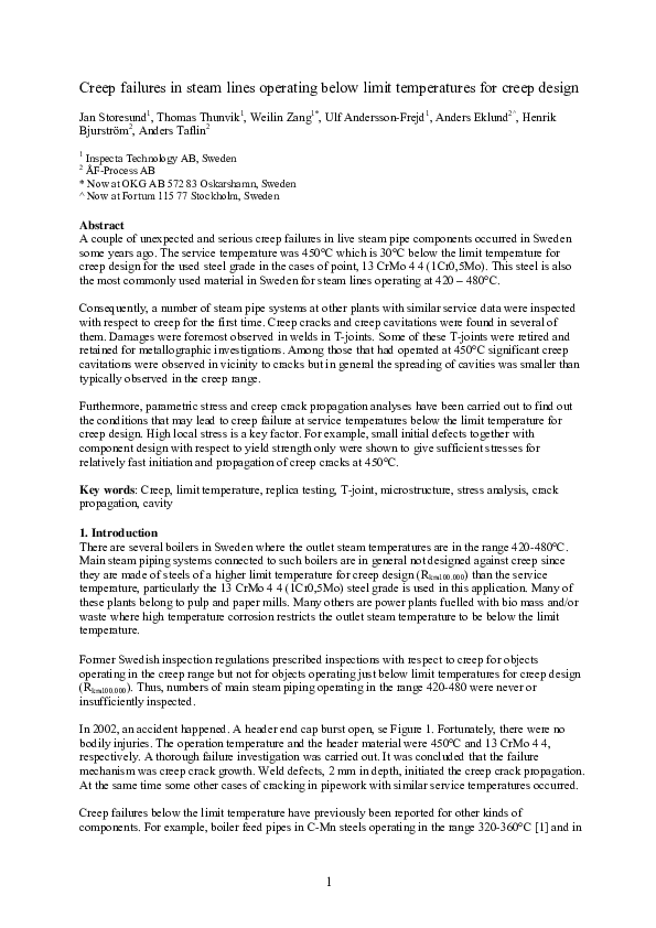 (PDF) Creep failures in steam lines operating below limit temperatures ...