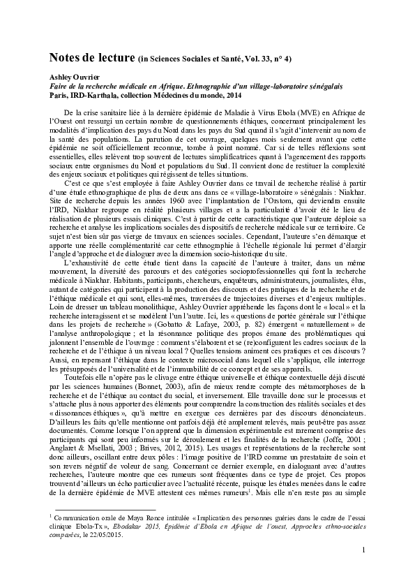 (PDF) Note de lecture Faire de la recherche medicale en Afrique A OUVRIER