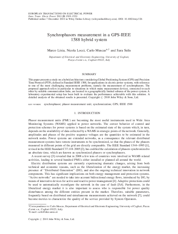(PDF) Synchrophasors measurement in a GPS-IEEE 1588 hybrid system