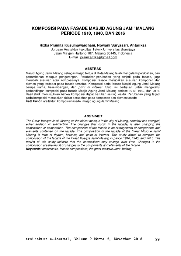 (PDF) KOMPOSISI PADA FASADE MASJID AGUNG JAMI’ MALANG PERIODE 1910, 1940, DAN 2016