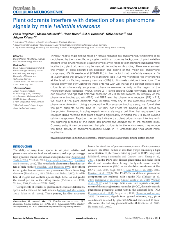 Pdf Plant Odorants Interfere With Detection Of Sex Pheromone Signals