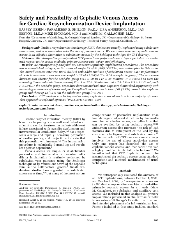 (PDF) Safety and Feasibility of Cephalic Venous Access for Cardiac ...