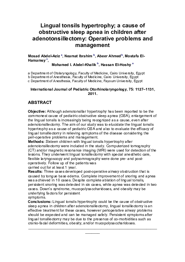 (PDF) Lingual tonsils hypertrophy; a cause of obstructive sleep apnea ...