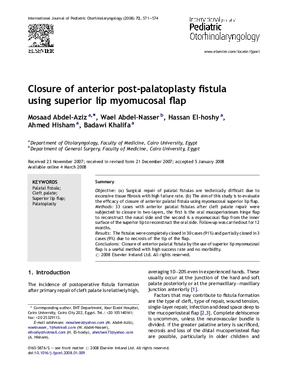 (PDF) Closure of anterior post-palatoplasty fistula using superior lip ...