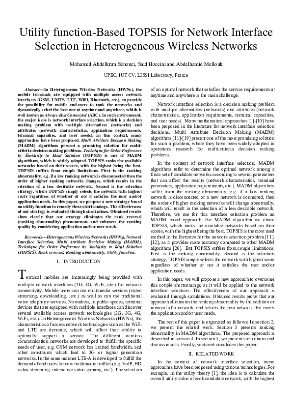 Pdf Utility Function Based Topsis For Network Interface Selection In Heterogeneous Wireless