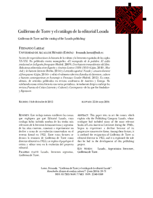 (PDF) Fernando Larraz - "Guillermo de Torre y el catálogo de la ...
