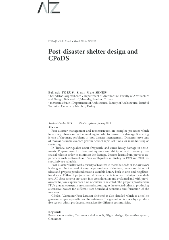 (PDF) Post-disaster shelter design and CPoDS