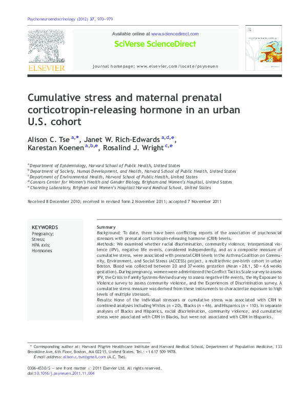 (PDF) Cumulative stress and maternal prenatal corticotropin-releasing hormone in an urban U.S ...