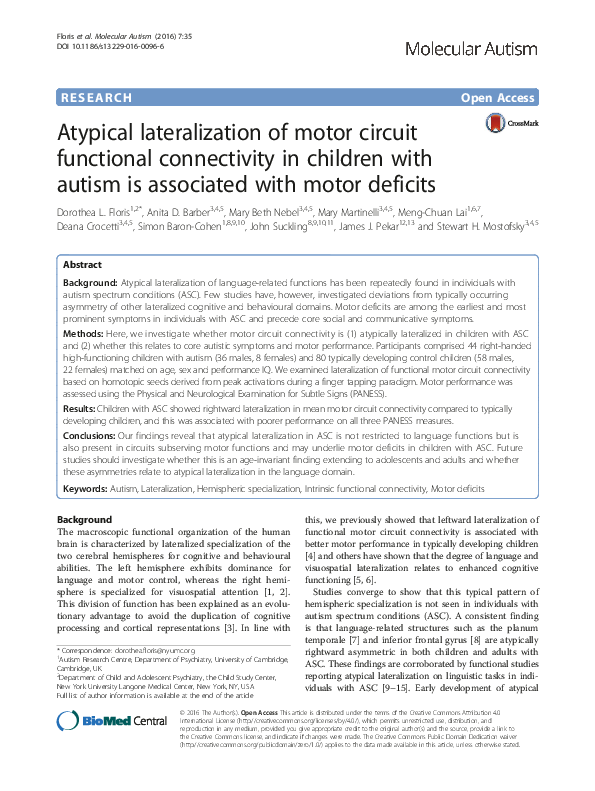(PDF) Atypical lateralization of motor circuit functional connectivity in children with autism ...