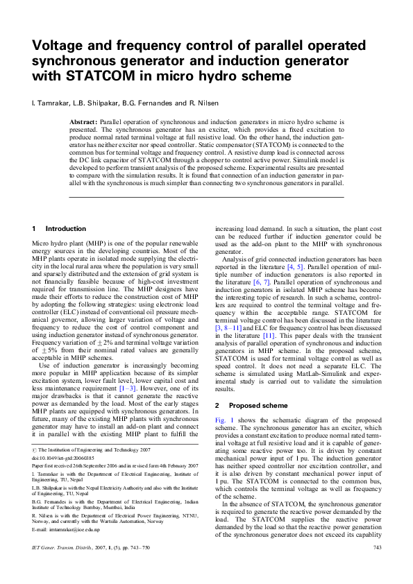 (PDF) Voltage and frequency control of parallel operated synchronous generator and induction ...
