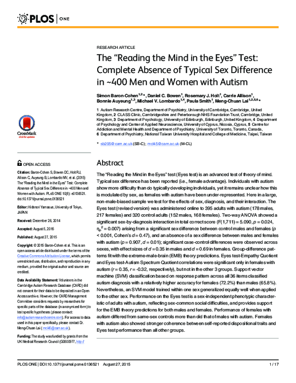 (PDF) The " Reading the Mind in the Eyes " Test: Complete Absence of ...