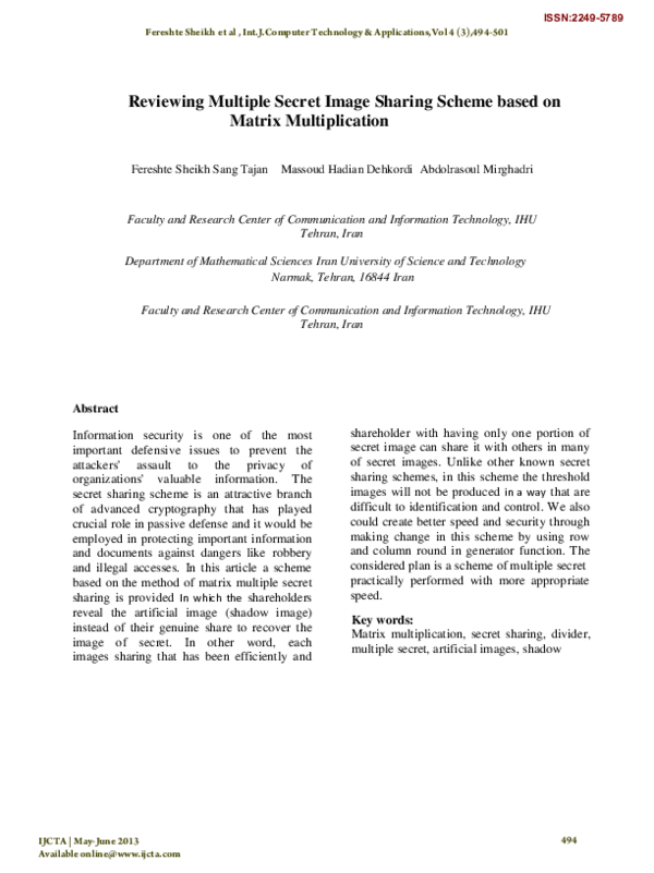 (PDF) Reviewing Multiple Secret Image Sharing Scheme based on Matrix Multiplication