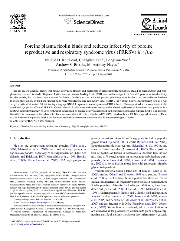 (PDF) Porcine plasma ficolin binds and reduces infectivity of porcine ...