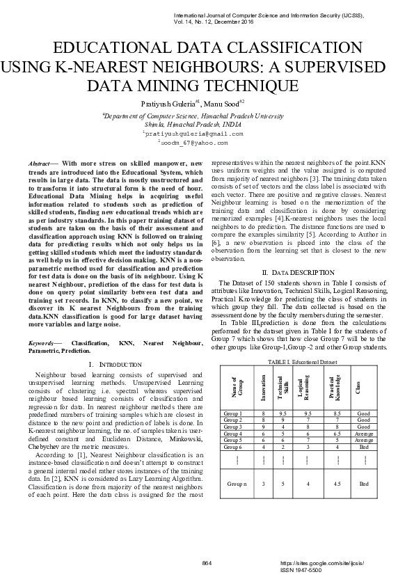 (PDF) EDUCATIONAL DATA CLASSIFICATION USING K-NEAREST NEIGHBOURS: A SUPERVISED DATA MINING TECHNIQUE