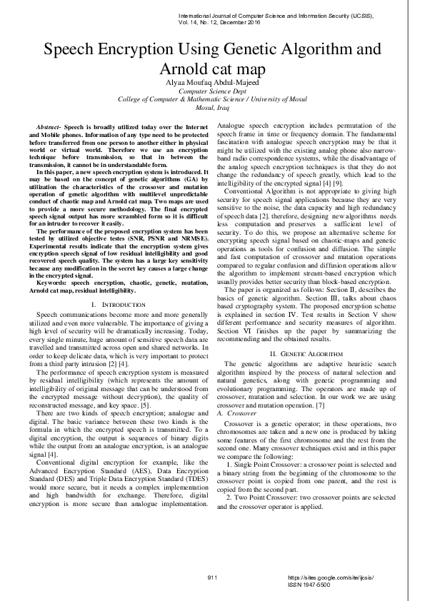 Pdf Speech Encryption Using Genetic Algorithm And Arnold Cat Map