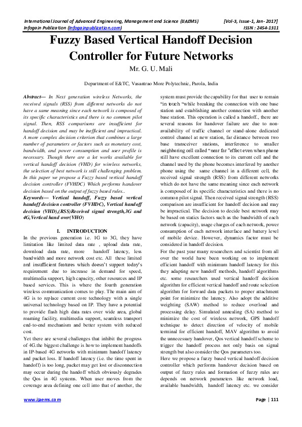 Pdf Fuzzy Based Vertical Handoff Decision Controller For Future Networks