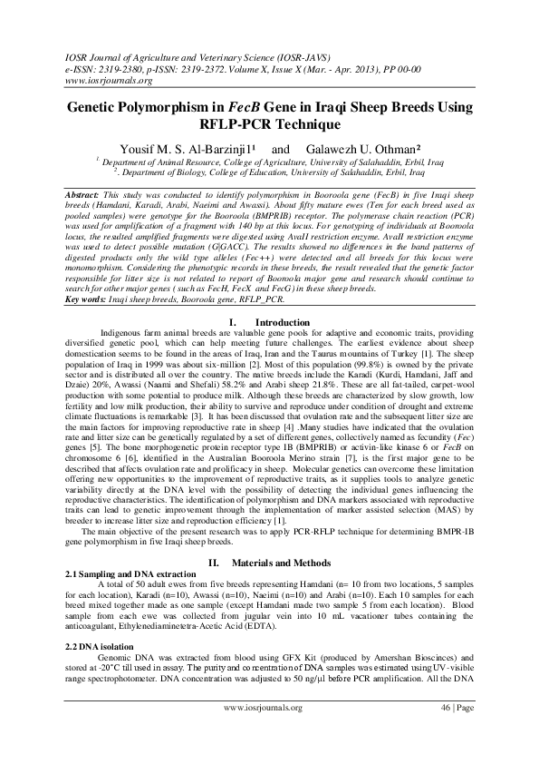 (PDF) Genetic Polymorphism in FecB Gene in Iraqi Sheep Breeds Using RFLP-PCR Technique