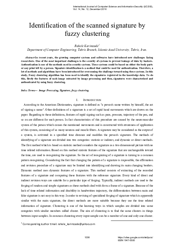 Pdf Identification Of The Scanned Signature By Fuzzy Clustering Journal Of Computer Science