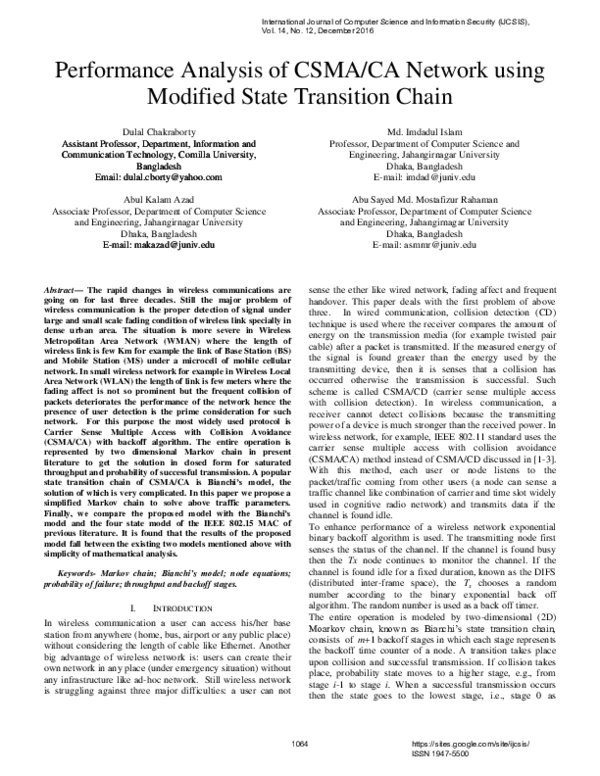 (PDF) Performance Analysis of CSMA/CA Network using Modified State Transition Chain