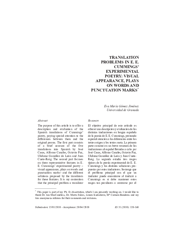 (PDF) Translation problems in E.E. Cummings' experimental poetry ...