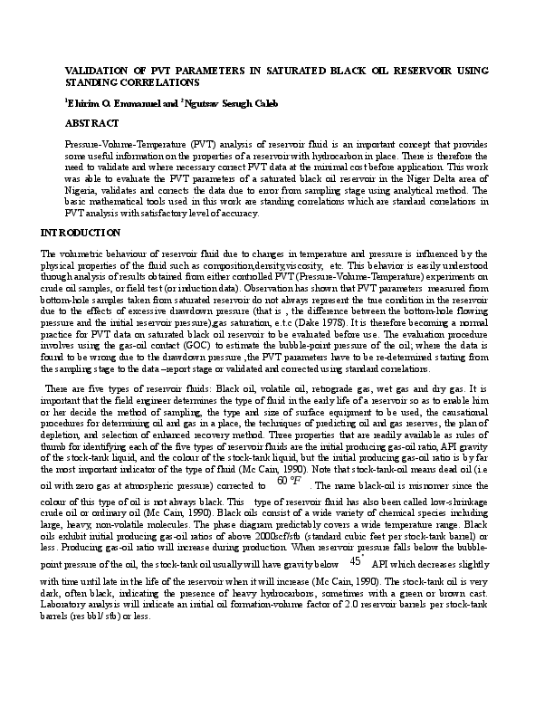 (DOC) VALIDATION OF PVT PARAMETERS IN SATURATED BLACK OIL RESERVOIR ...