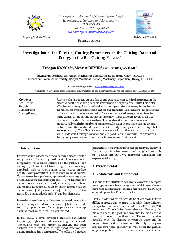 Pdf Investigation Of The Effect Of Cutting Parameters On The Cutting