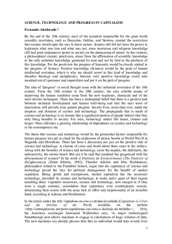 (PDF) SCIENCE, TECHNOLOGY AND PROGRESS IN CAPITALISM