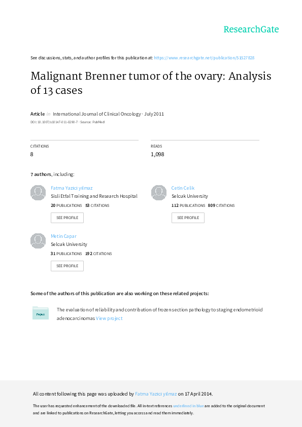 (PDF) Malignant Brenner tumor of the ovary: Analysis of 13 cases The ...