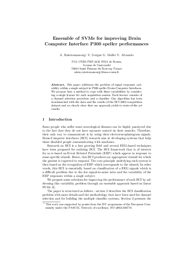 Pdf Ensemble Of Svms For Improving Brain Computer Interface P300 Speller Performances