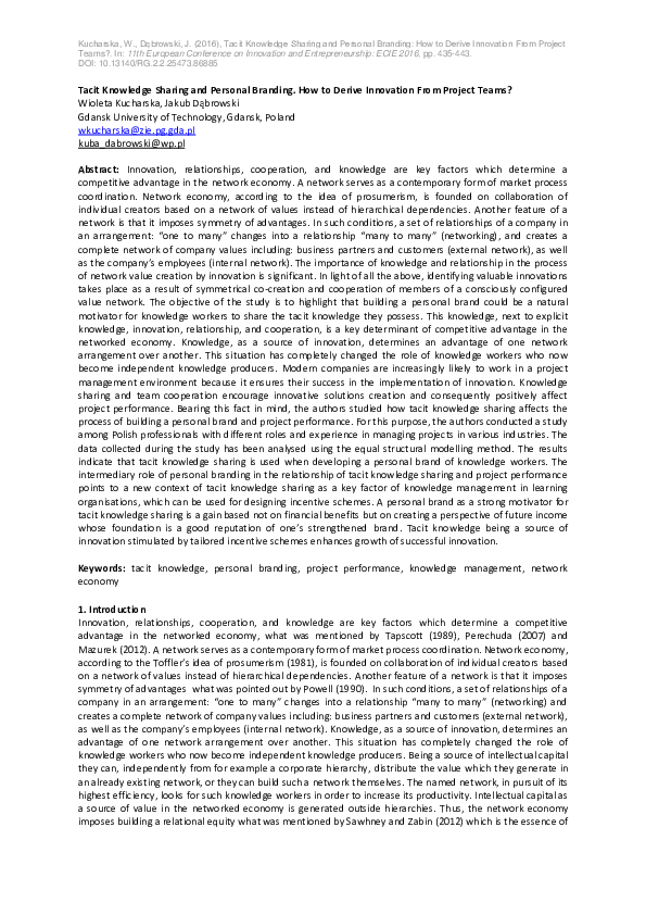 (PDF) Tacit Knowledge Sharing and Personal Branding. How to Derive Innovation From Project Teams