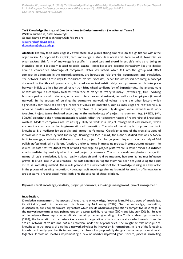 (PDF) Tacit Knowledge Sharing and Creativity. How to Derive Innovation From Project Teams