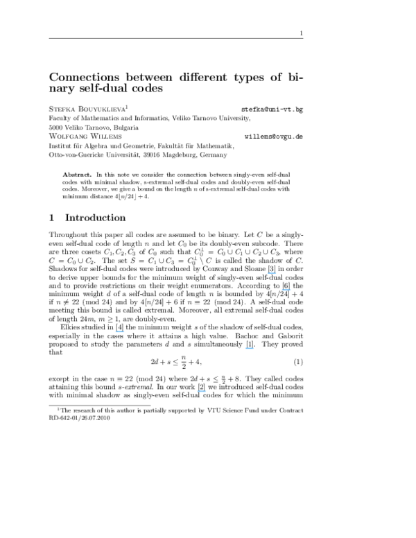 Pdf Connections Between Different Types Of Binary Self Dual Codes
