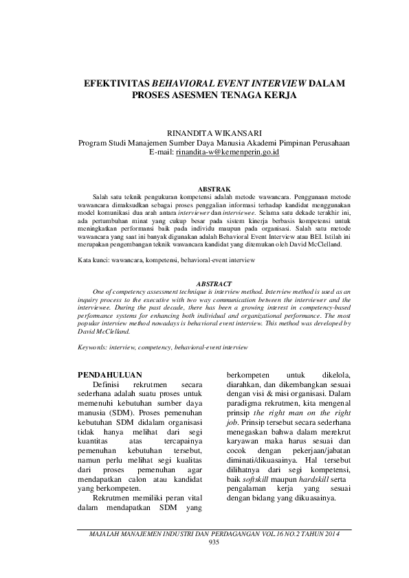 (PDF) EFEKTIVITAS BEHAVIORAL EVENT INTERVIEW DALAM PROSES ASESMEN ...