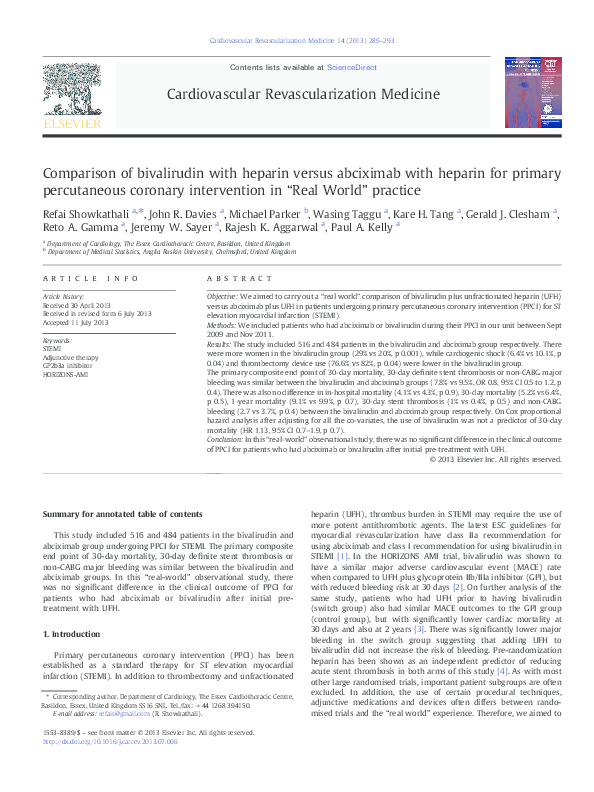 Pdf Comparison Of Bivalirudin With Heparin Versus Abciximab With