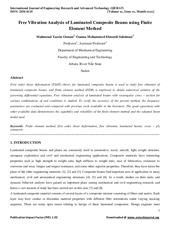 Pdf Free Vibration Analysis Of Laminated Composite Beams Using Finite Element Method