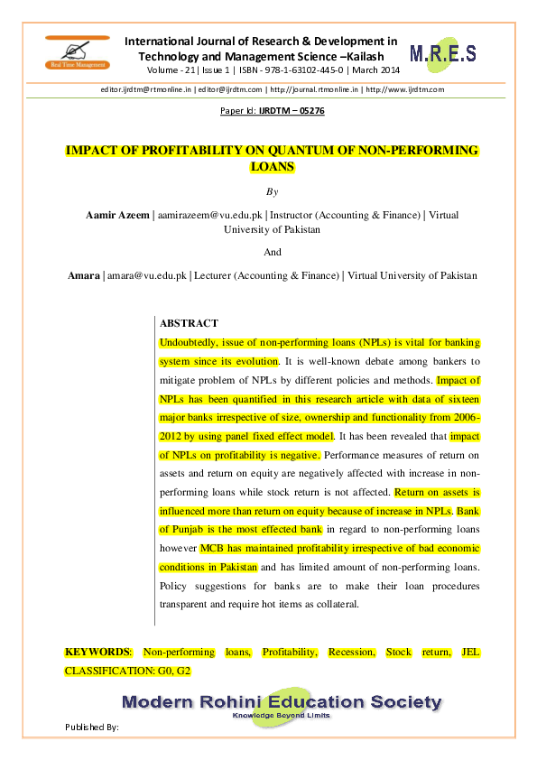 (PDF) .impact of profitability on non performing loans (PDF) .impact of profitability on non performing loans